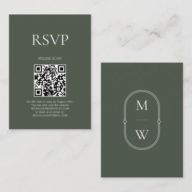 Minimal Monogram QR Code Moss Green Wedding RSVP Enclosure Card | Zazzle
