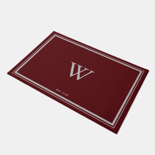 Minimal Monogram Welcome Maroon | Grey Wide Doormat | Zazzle