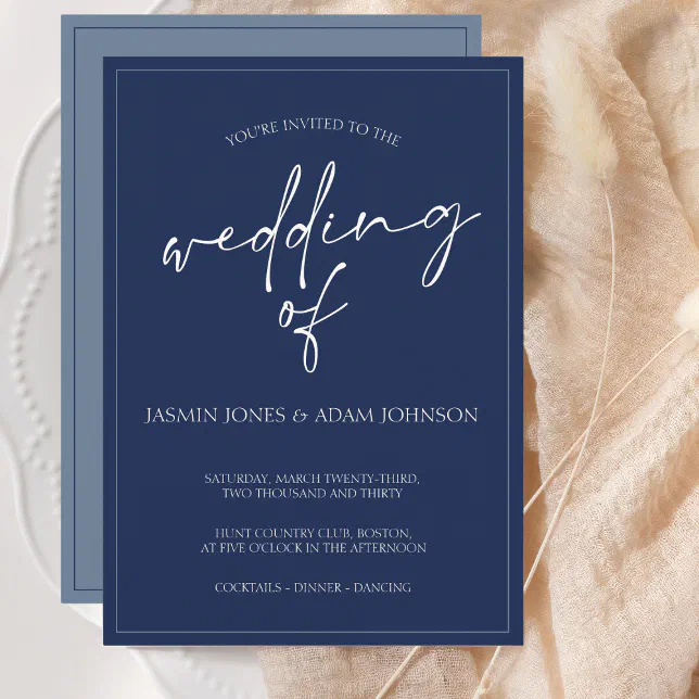 Minimal Navy Blue Script Wedding Invitation | Zazzle