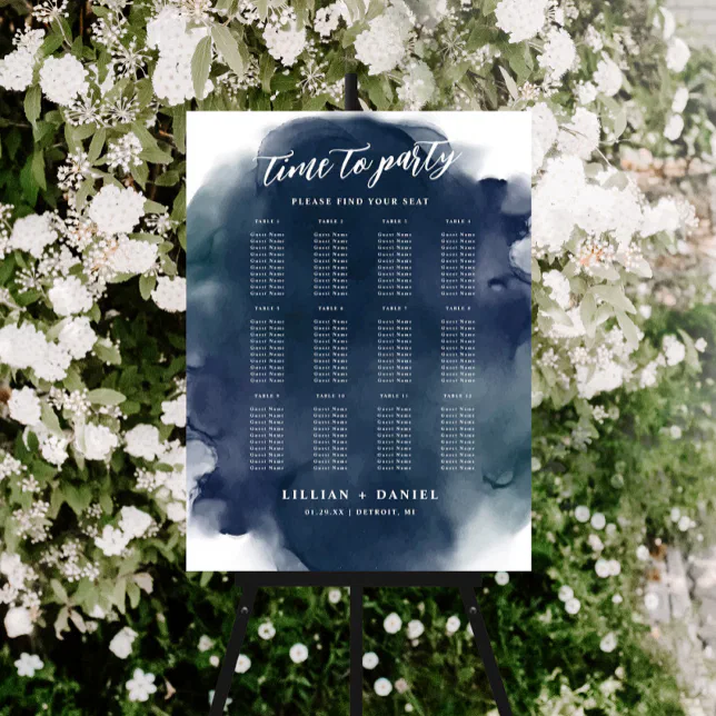 Minimal Navy Watercolor Wedding Seating Chart Foam Board | Zazzle