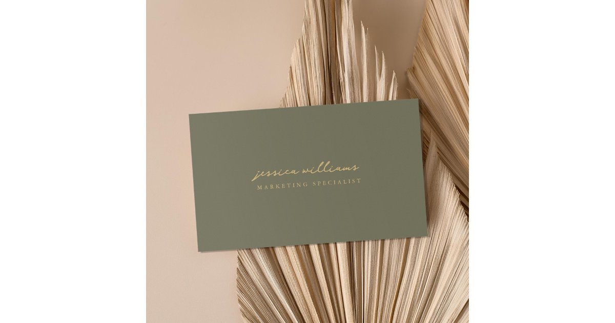 Minimal Olive Green Gold Script Business Card | Zazzle