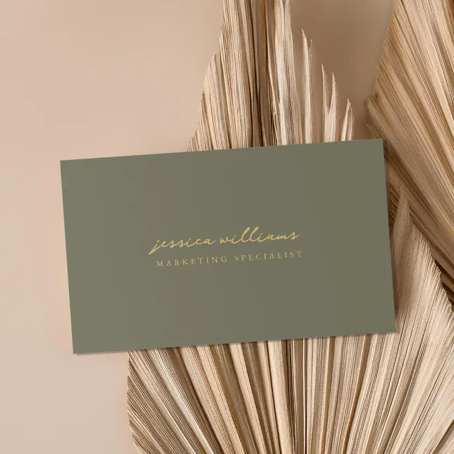 Minimal Olive Green Gold Script Business Card | Zazzle