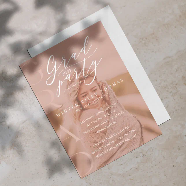 Minimal Photo Grad Party Modern Calligraphy Pink Invitation | Zazzle