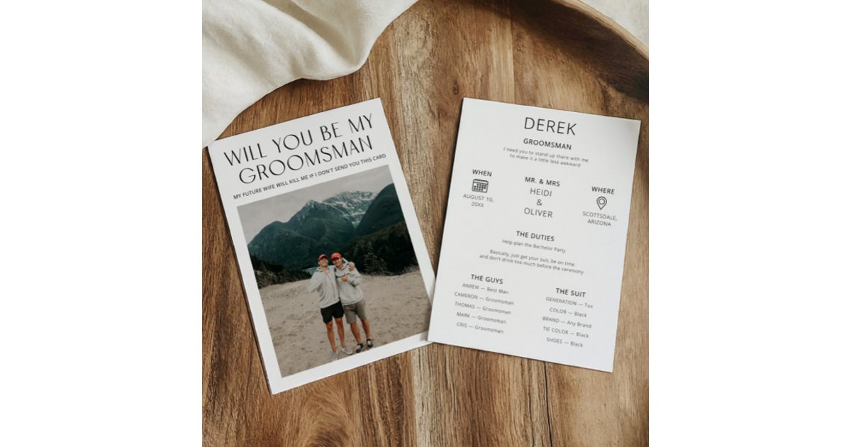 Minimal Photo Proposal Request Groomsman Info Card | Zazzle