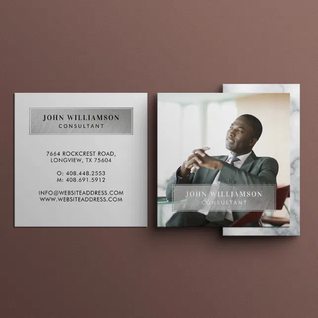 Minimal Professional Company Business Photo Silver Square Business Card ...