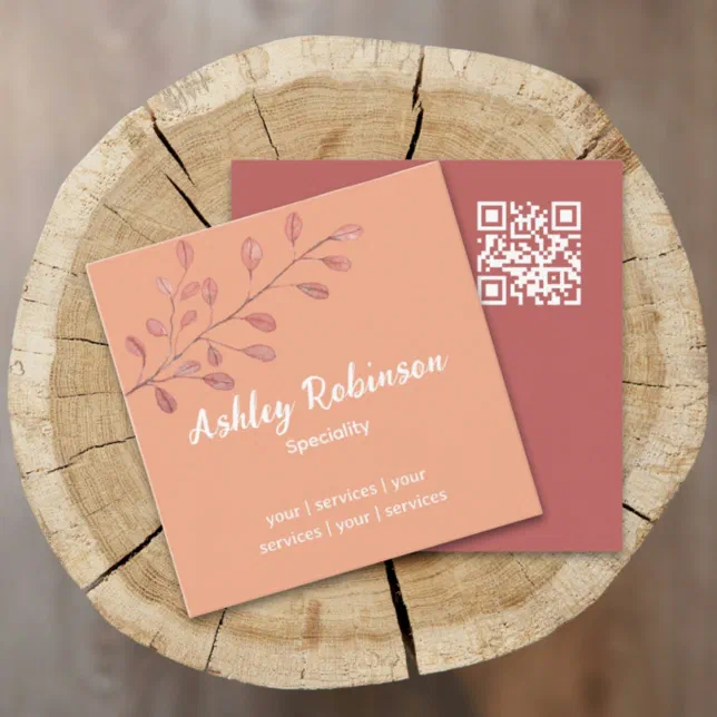 Minimal QR code rose terracotta leaf Square Business Card | Zazzle