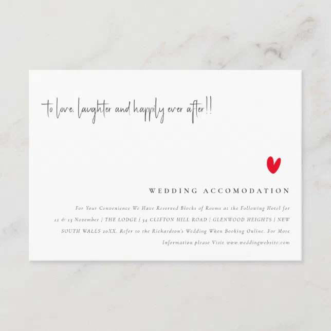 Minimal Red Heart Script Wedding Accommodation Enclosure Card | Zazzle