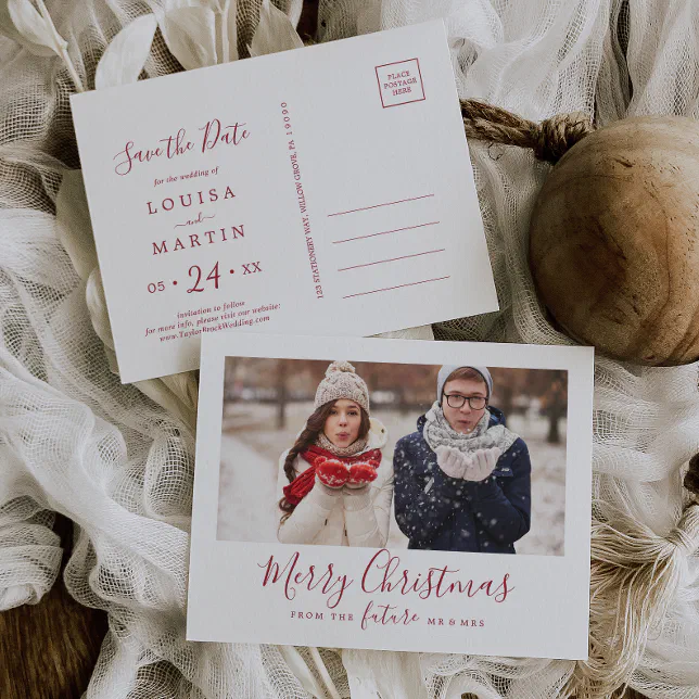 Minimal Red Merry Christmas Save the Date Photo Holiday Postcard | Zazzle