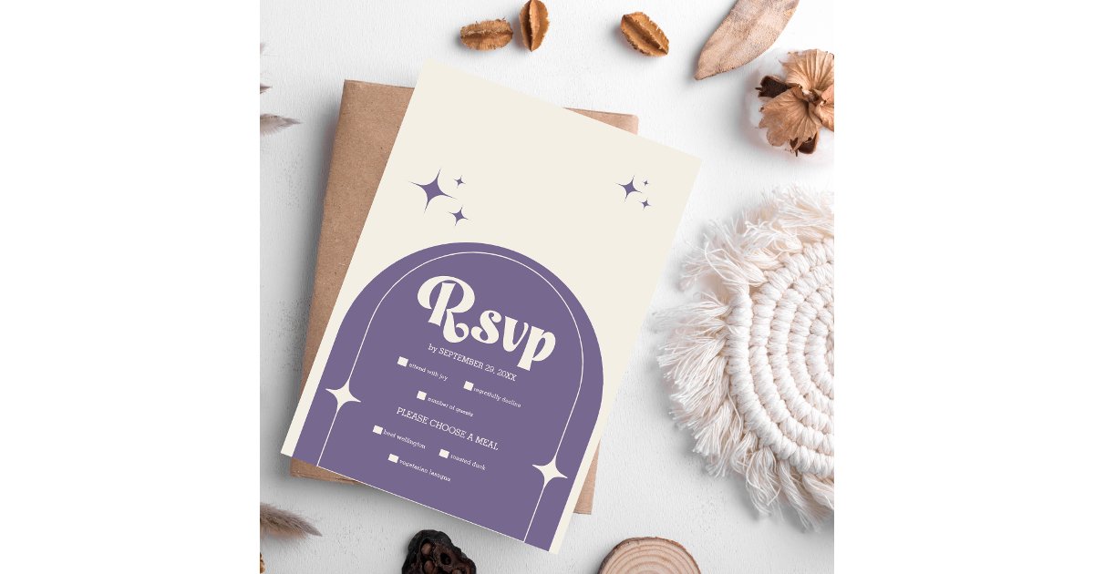 Minimal Retro Arch Purple Wedding RSVP Card | Zazzle