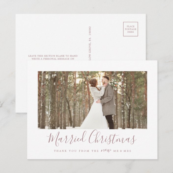 Minimal Rose Gold Married Christmas Thank You Holiday Postcard | Zazzle.com