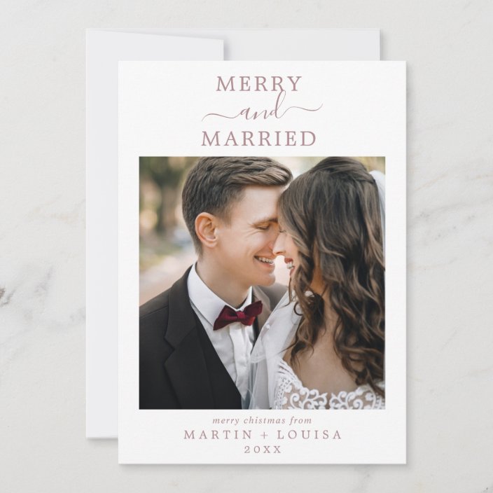 Minimal Rose Gold Merry and Married Newlywed Photo Holiday Card ...