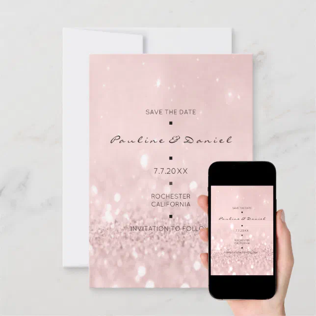Minimal Save The Date Pink Rose Gold Glitter | Zazzle