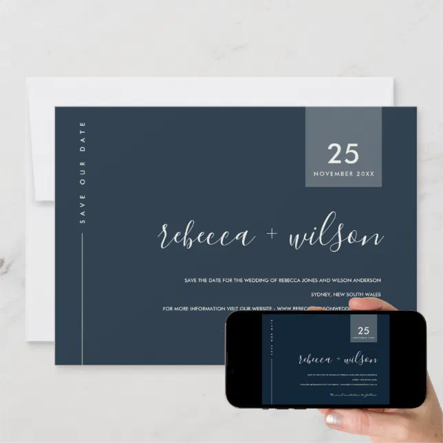 MINIMAL SCANDI MODERN NAVY BLUE GREY TYPOGRAPHY SAVE THE DATE | Zazzle