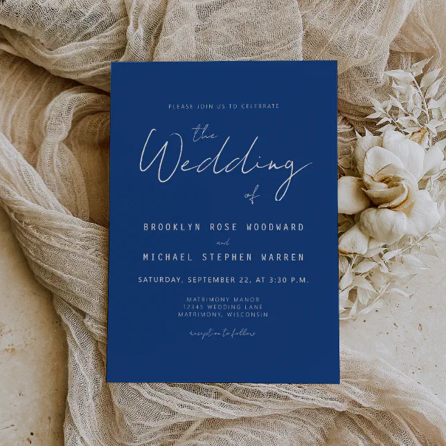 Minimal Script Indigo Blue Wedding Invitation | Zazzle