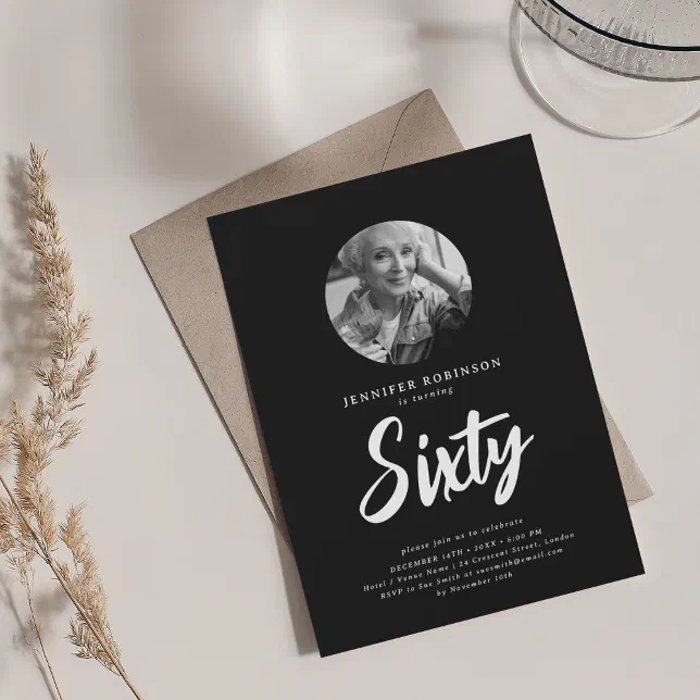 Minimal Script Photo 60th Birthday Party Black Invitation | Zazzle