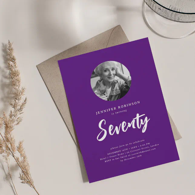 Minimal Script Photo 70th Birthday Party Purple Invitation | Zazzle