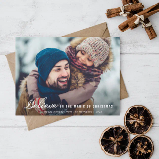 minimal script photo christmas greeting card | Zazzle