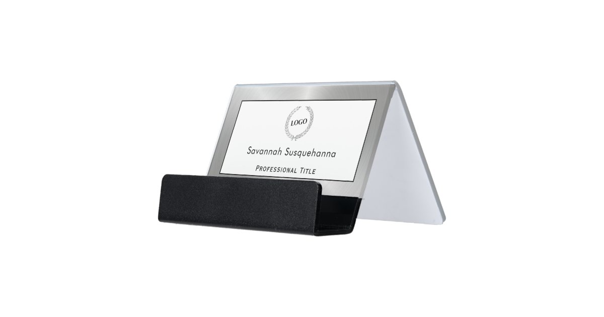 Minimal Silver Logo Professional Desk Business Card Holder | Zazzle