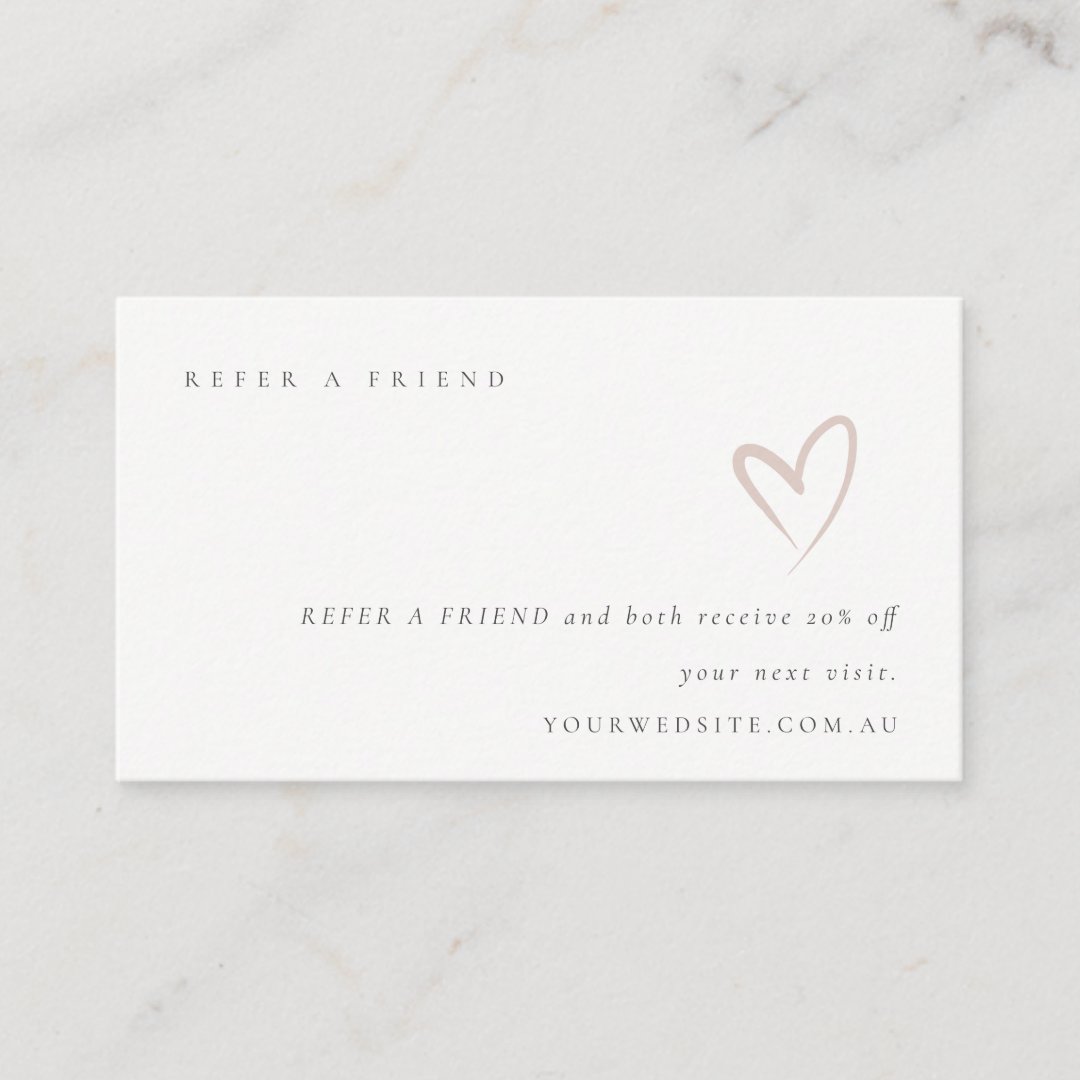 Minimal Simple Blush Heart Refer a Friend Discount Business Card | Zazzle