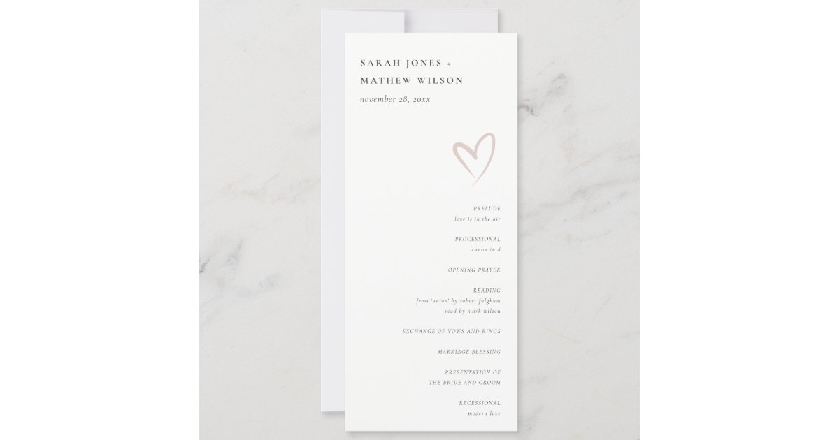 Minimal Simple Blush Pink Heart Wedding Program | Zazzle