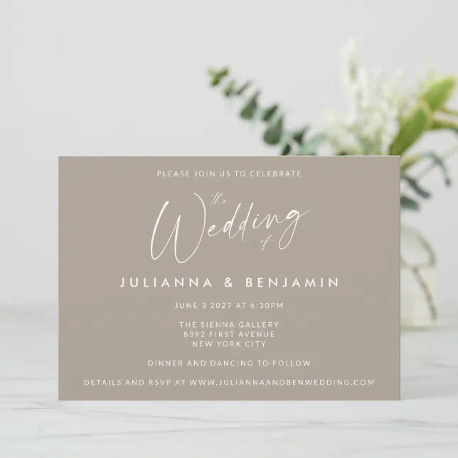 Minimal Simple Taupe Brown Modern Script Wedding Invitation | Zazzle