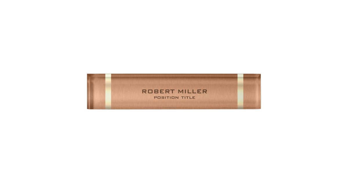 Minimal slick copper brown & gold metallic texture desk name plate | Zazzle