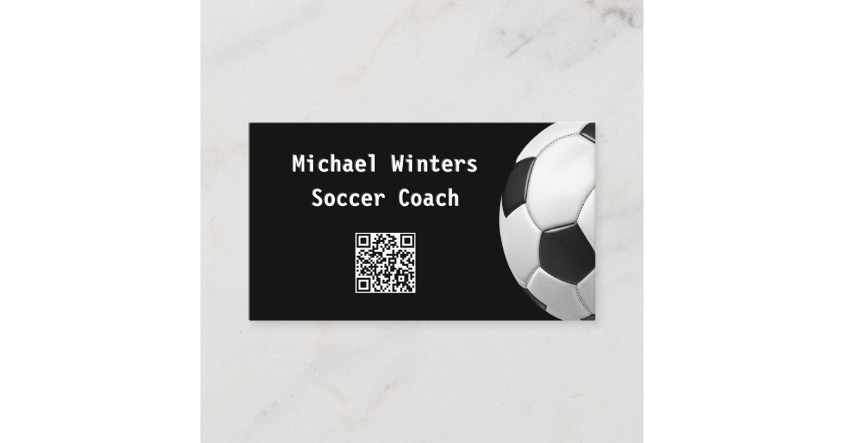 Minimal Soccer Ball Black QR Code Football Coach Business Card | Zazzle
