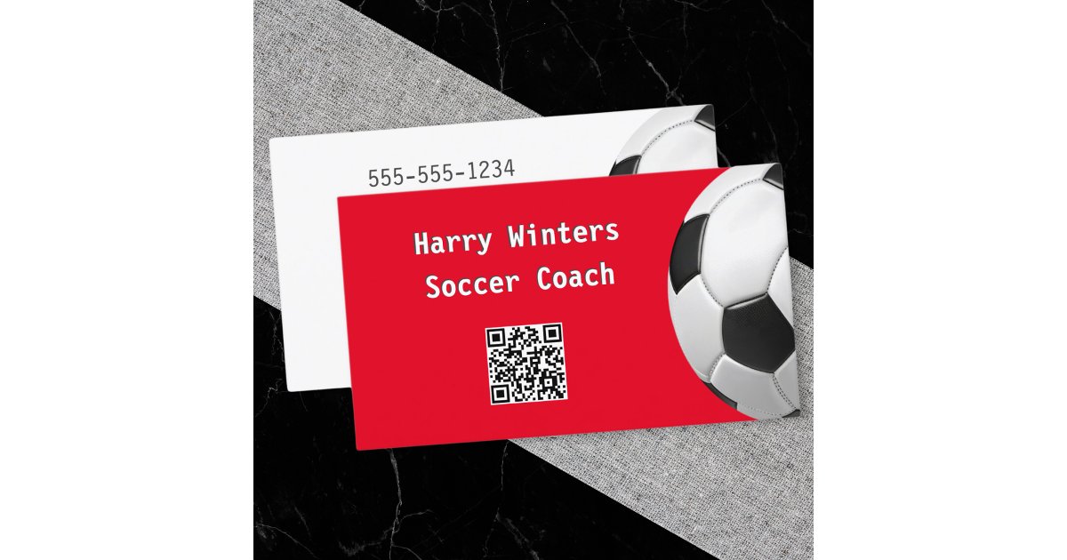 Minimal Soccer Ball Red QR Code Football Coach Business Card | Zazzle