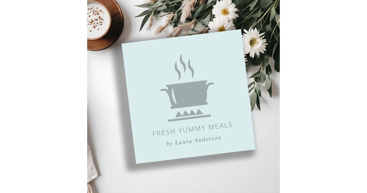 MINIMAL SOFT BLUE GREY POT MEAL CHEF CATERING SQUARE BUSINESS CARD | Zazzle