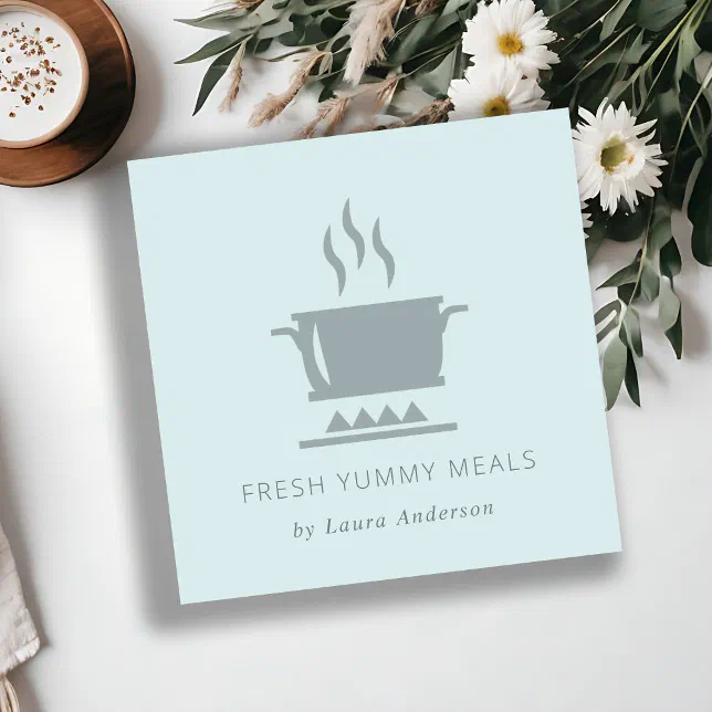 MINIMAL SOFT BLUE GREY POT MEAL CHEF CATERING SQUARE BUSINESS CARD | Zazzle