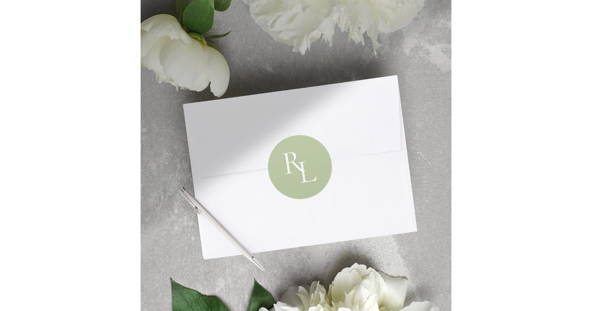 Minimal Soft Green Wedding Couple Initials Classic Round Sticker | Zazzle