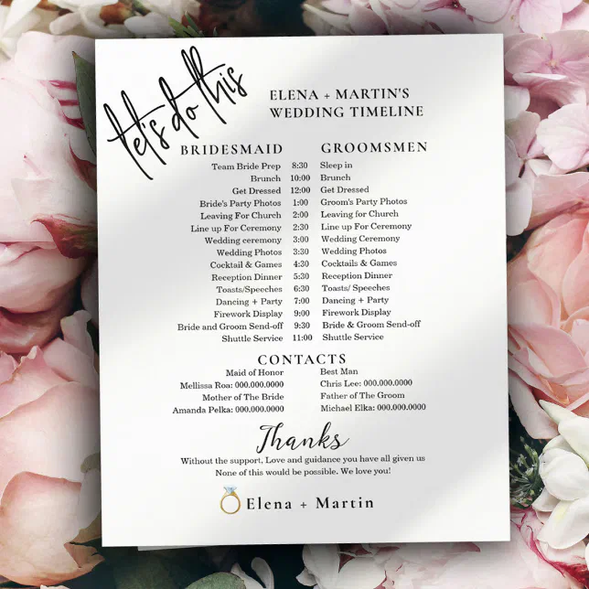 Minimal Text Script Wedding Day Timeline | Zazzle