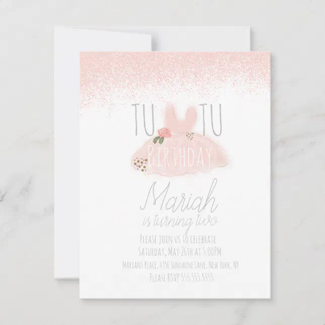 Minimal Tutu Girl's Birthday Turning Two Glitter Invitation | Zazzle