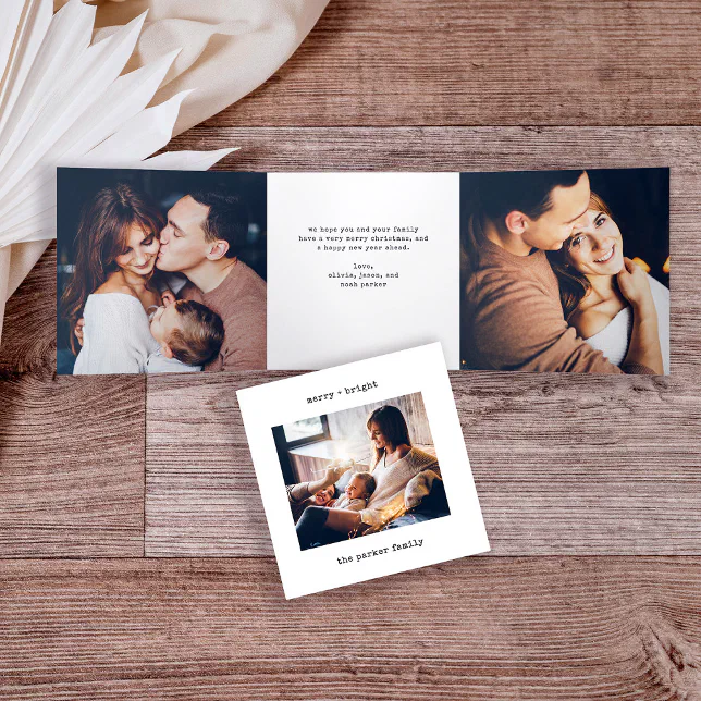 Minimal Typewriter | Merry and Bright Multi Photo Tri-Fold Holiday Card ...