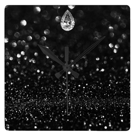 Minimal Vip Black Silver Diamond Graphite Glitter Square Wall Clock ...