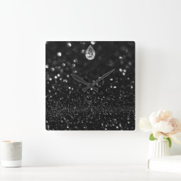 Minimal Vip Black Silver Diamond Graphite Glitter Square Wall Clock ...