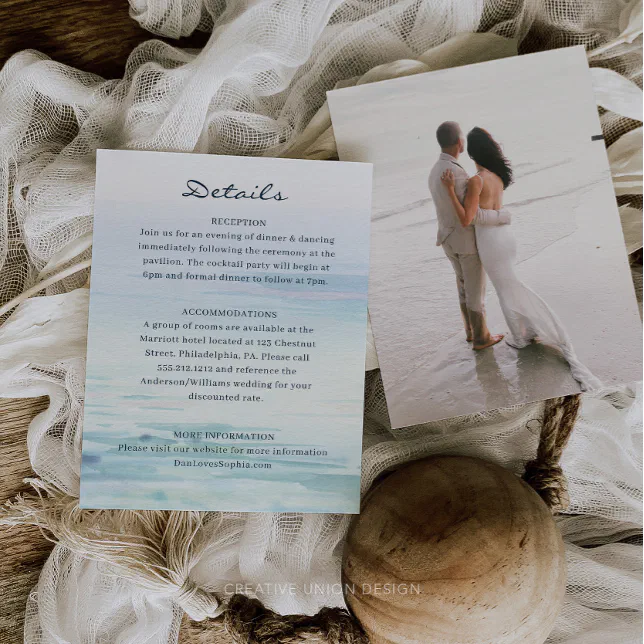 Minimal Watercolor Beach Wedding Details Card | Zazzle