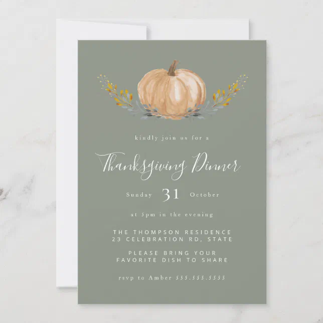 Minimal Watercolor Pumpkin Halloween Sage Green Invitation | Zazzle