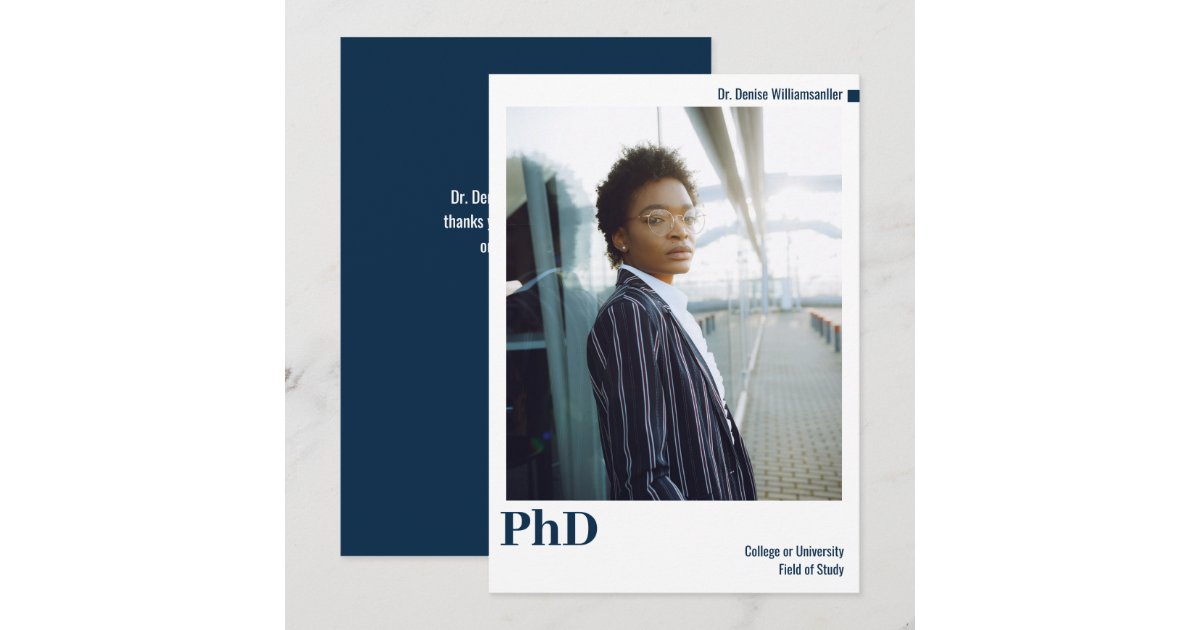 Minimal White Blue Photo PhD Graduation Announcement | Zazzle