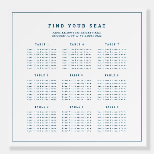Minimal white blue wedding 9 table seating chart foam board | Zazzle