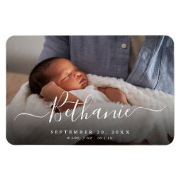 Minimal White Script Baby Name Overlay Baby Photo Magnet | Zazzle