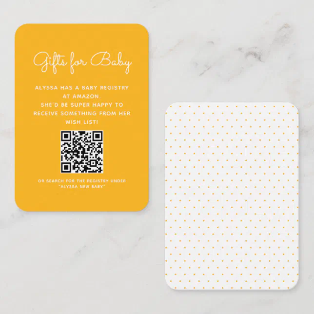 Minimal Yellow Dots Gifts QR Code Baby Shower Enclosure Card | Zazzle