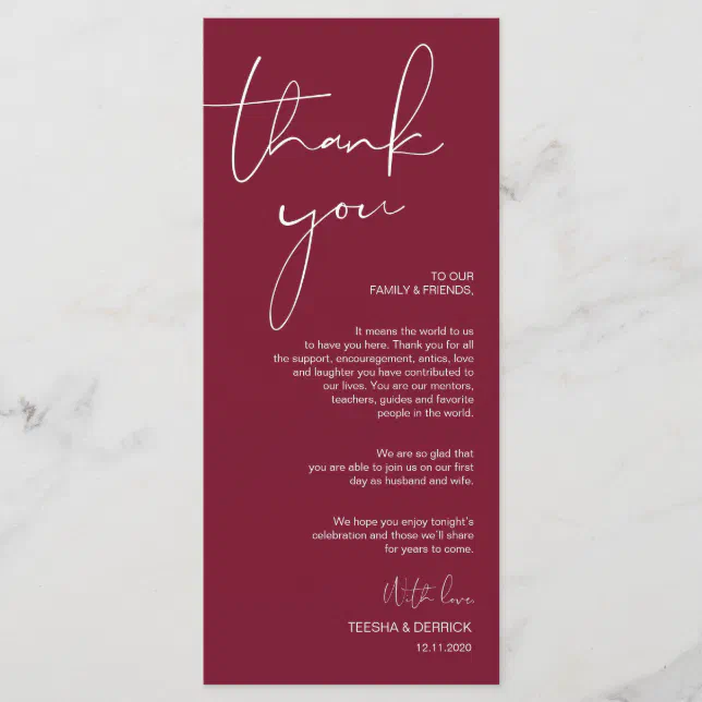 Minimalism Burgundy Script Place Setting Thank You Program | Zazzle