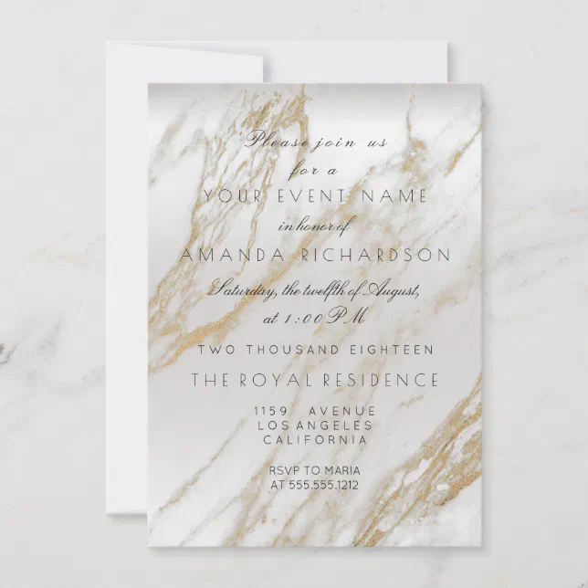 Minimalism Gold White Gray Marble Silver Metallic Invitation | Zazzle