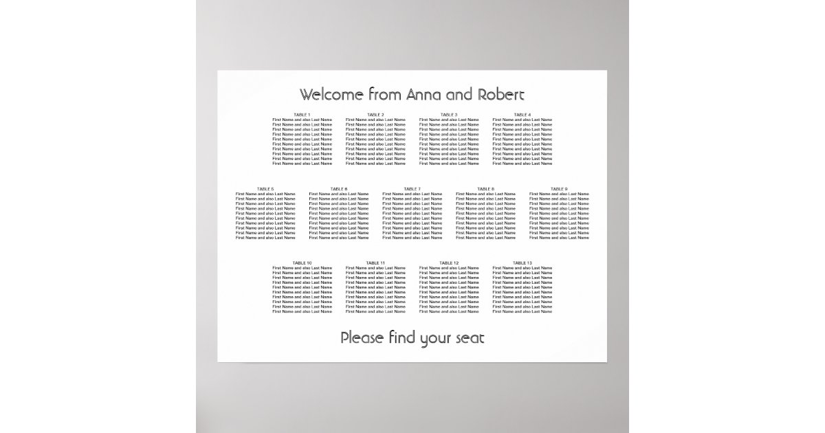 Minimalist 13 Table Wedding Seating Chart | Zazzle