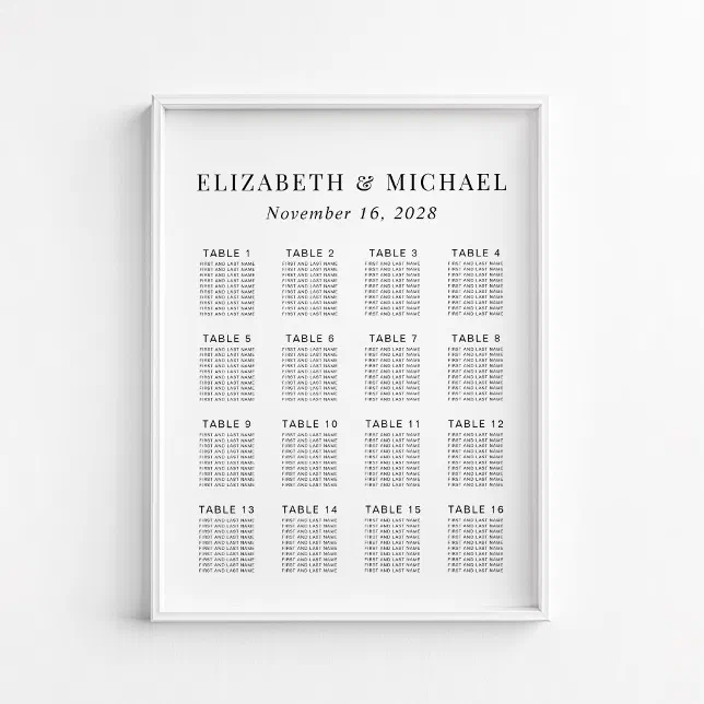 Minimalist 16 Table Wedding Seating Chart | Zazzle