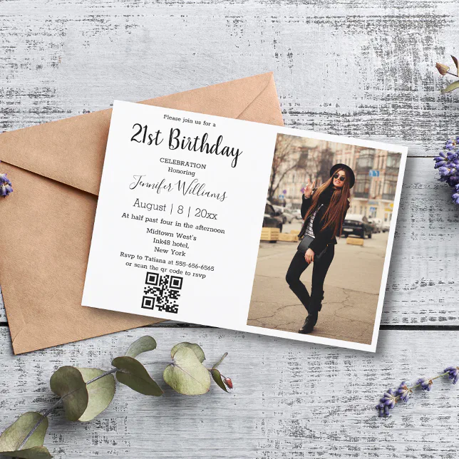 minimalist 21st birthday photo qr code party invitation | Zazzle