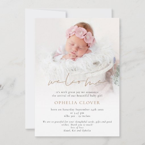 Minimalist 2 Photos Overlay Welcome Birth Announcement | Zazzle