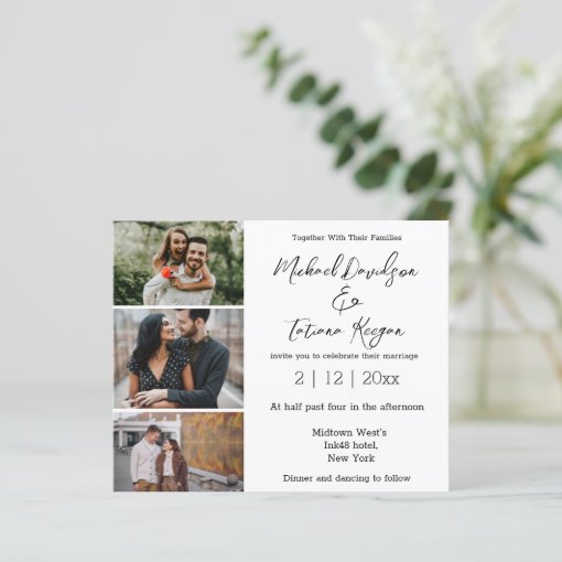 minimalist 3 photos collage wedding invitation | Zazzle