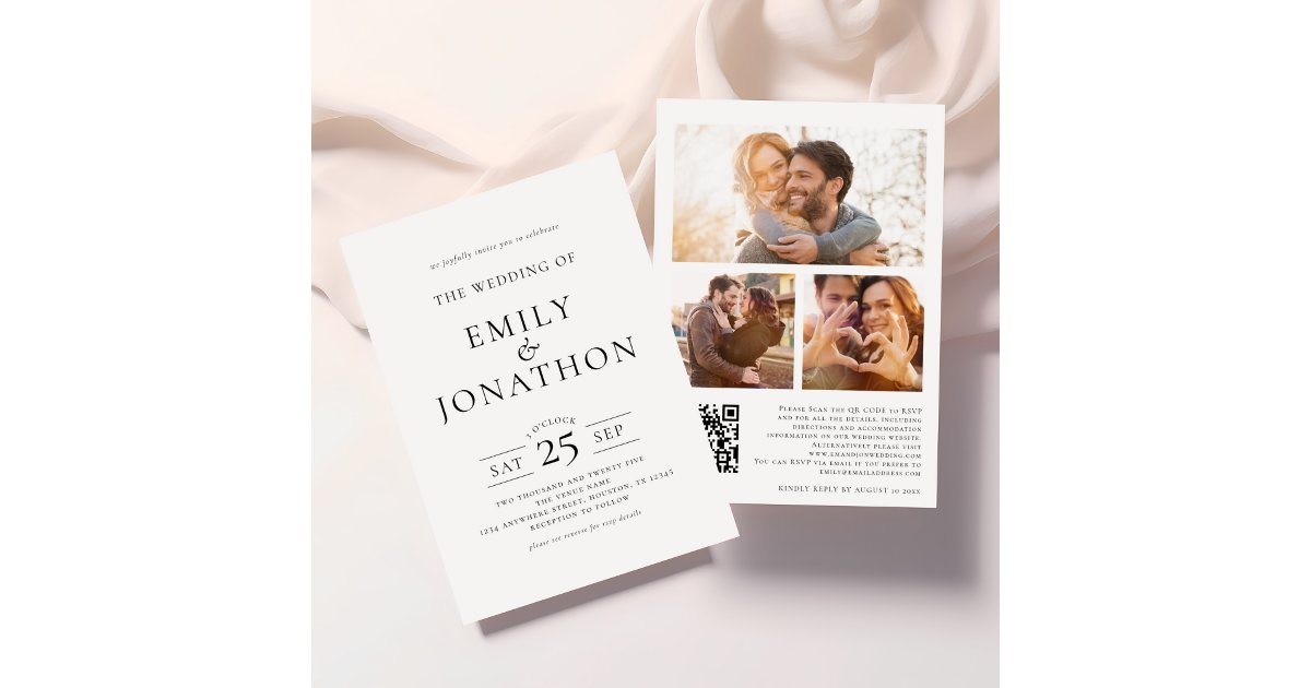 Minimalist 3 Photos on reverse QR Code Wedding Invitation | Zazzle